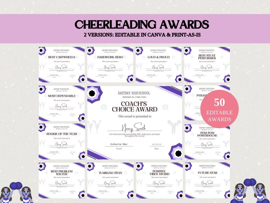 Editable Cheerleading Awards Template, Ready to Print Cheer Certificate ...