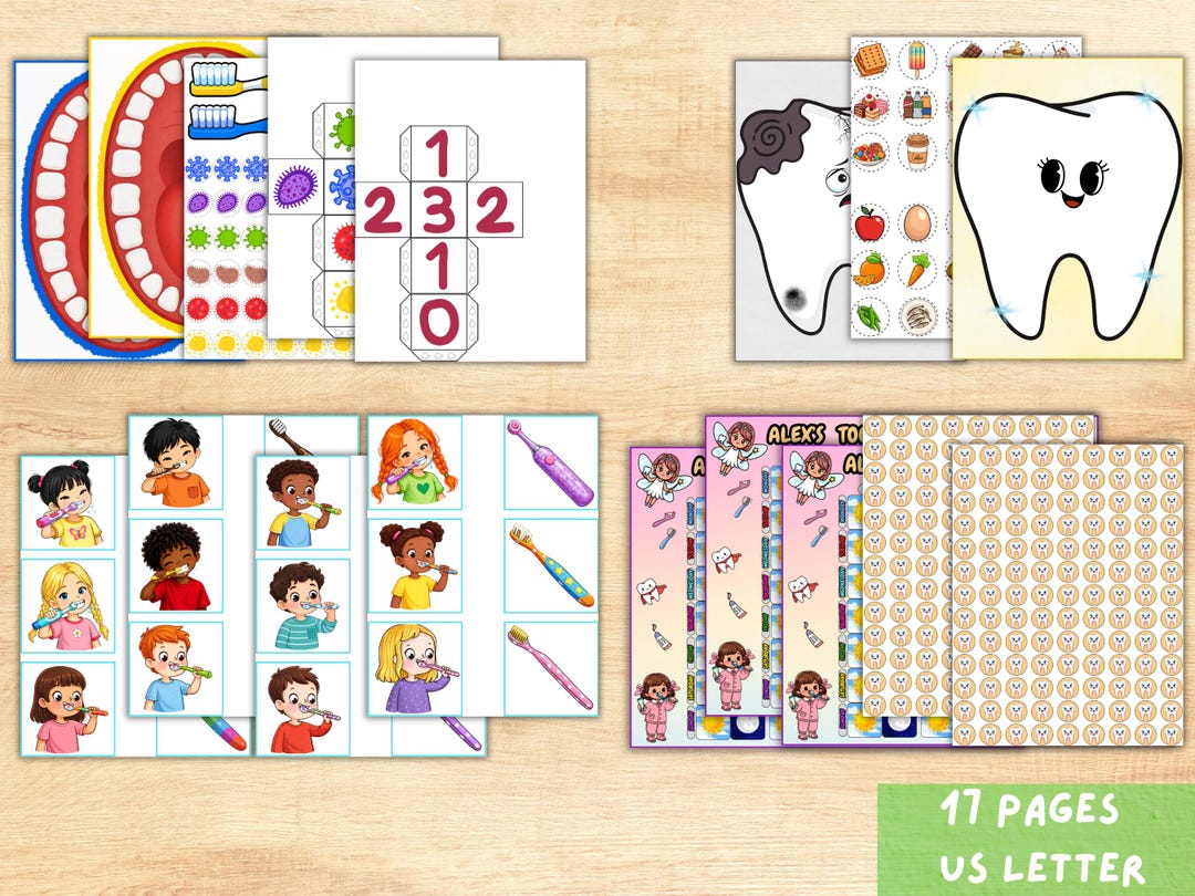 Kids Dental Health Printable Activities: Tooth Brushing Chart, Matching ...