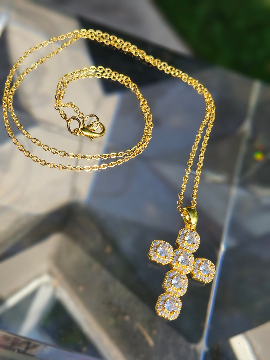 Gold Diamond Studded Cross Necklace, Graceful Chain - Etsy