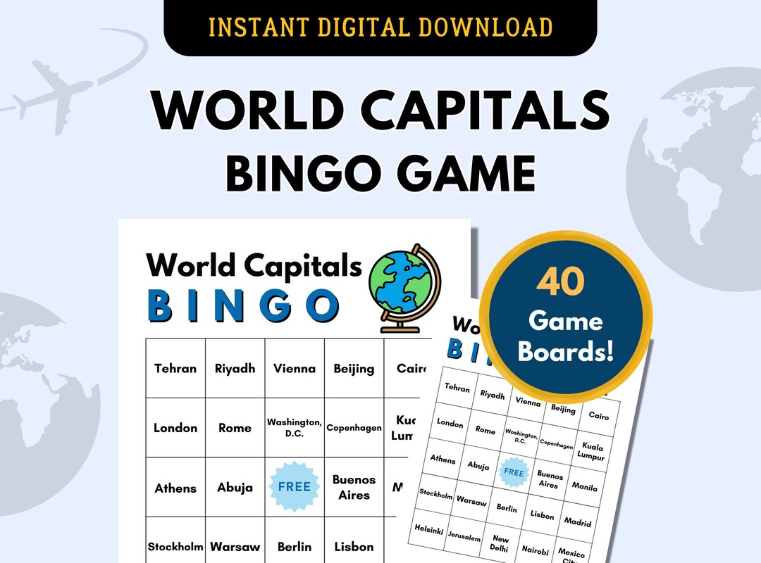 World Capitals Bingo Game Kit, Geography Education, Travel Quiz Game ...