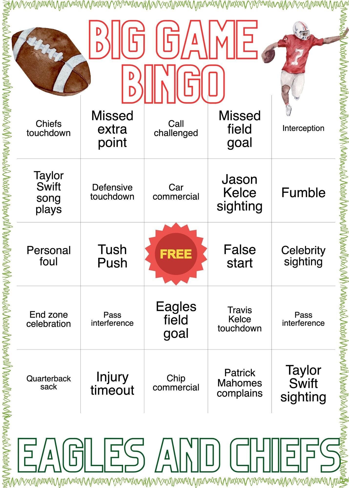 2025 Super Big Game Bingo-game Only-20 Cards (digital File), Football ...