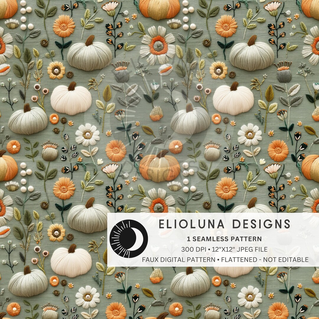 Fall Pumpkins Seamless Pattern Faux Embroidery Boho Pumpkins Digital ...