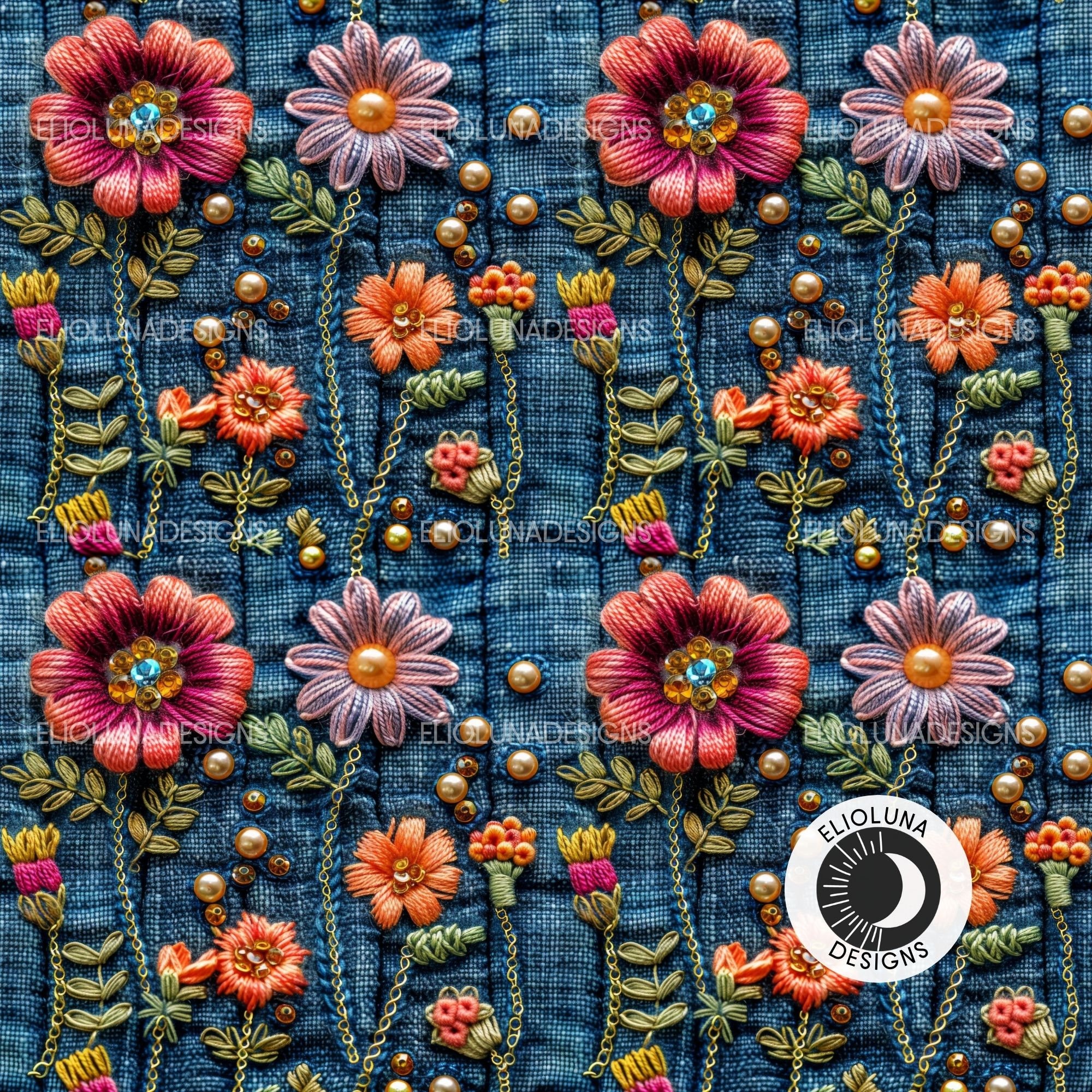 Floral Denim Pattern Digital Paper Embroidered Floral Pattern Seamless ...