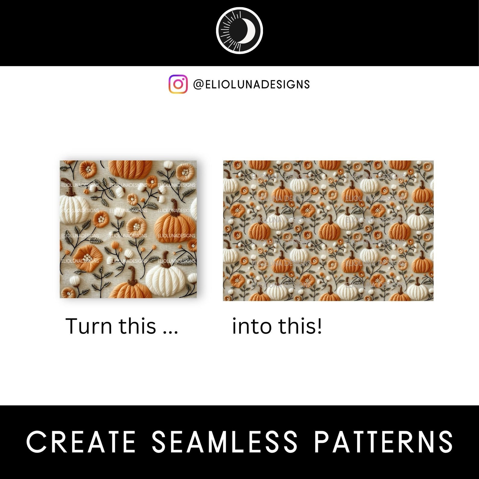 Fall Pumpkins Seamless Pattern 3D Faux Embroidery Pumpkins Digital ...