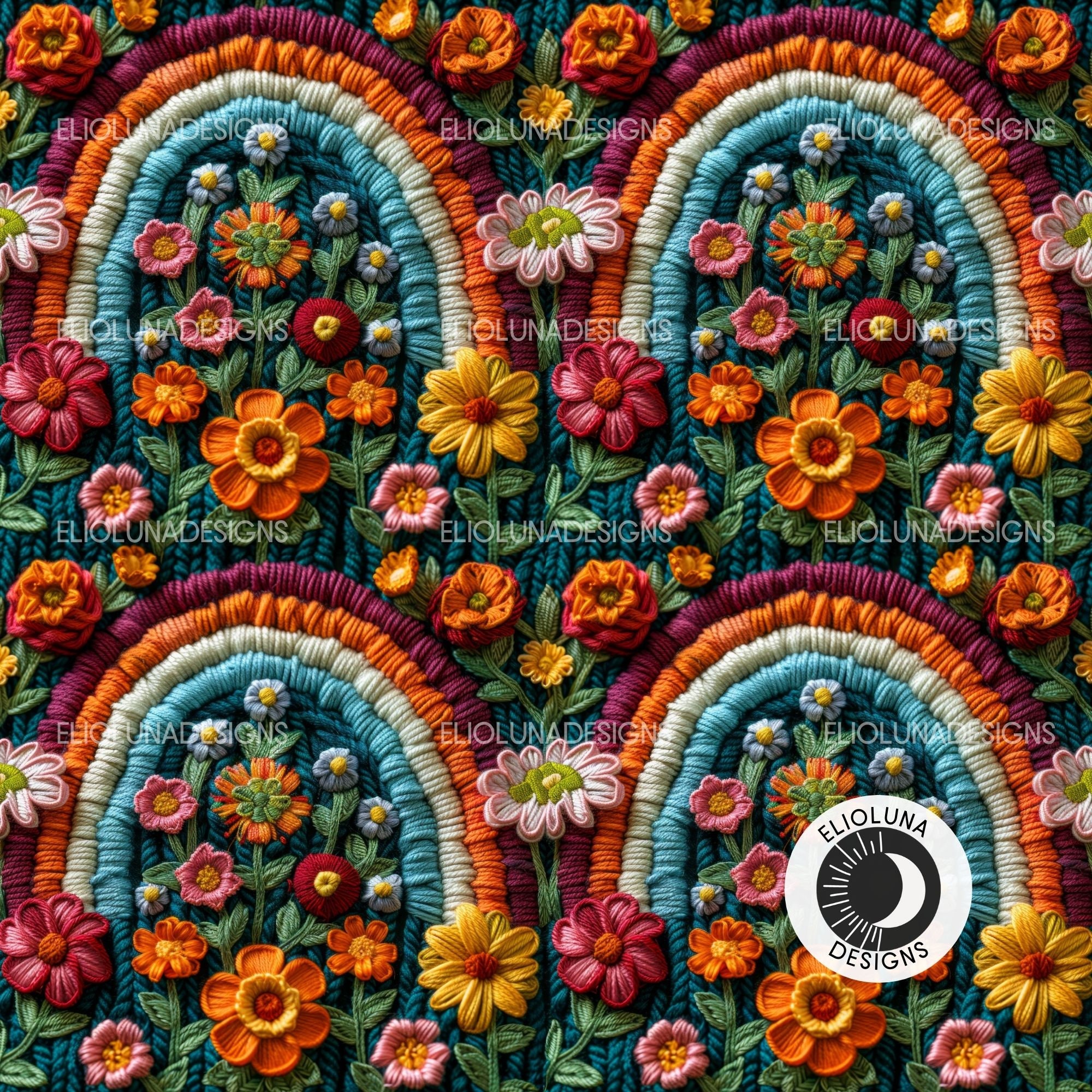 Rainbow Floral Pattern Digital Paper Embroidered Floral Rainbow Pattern ...