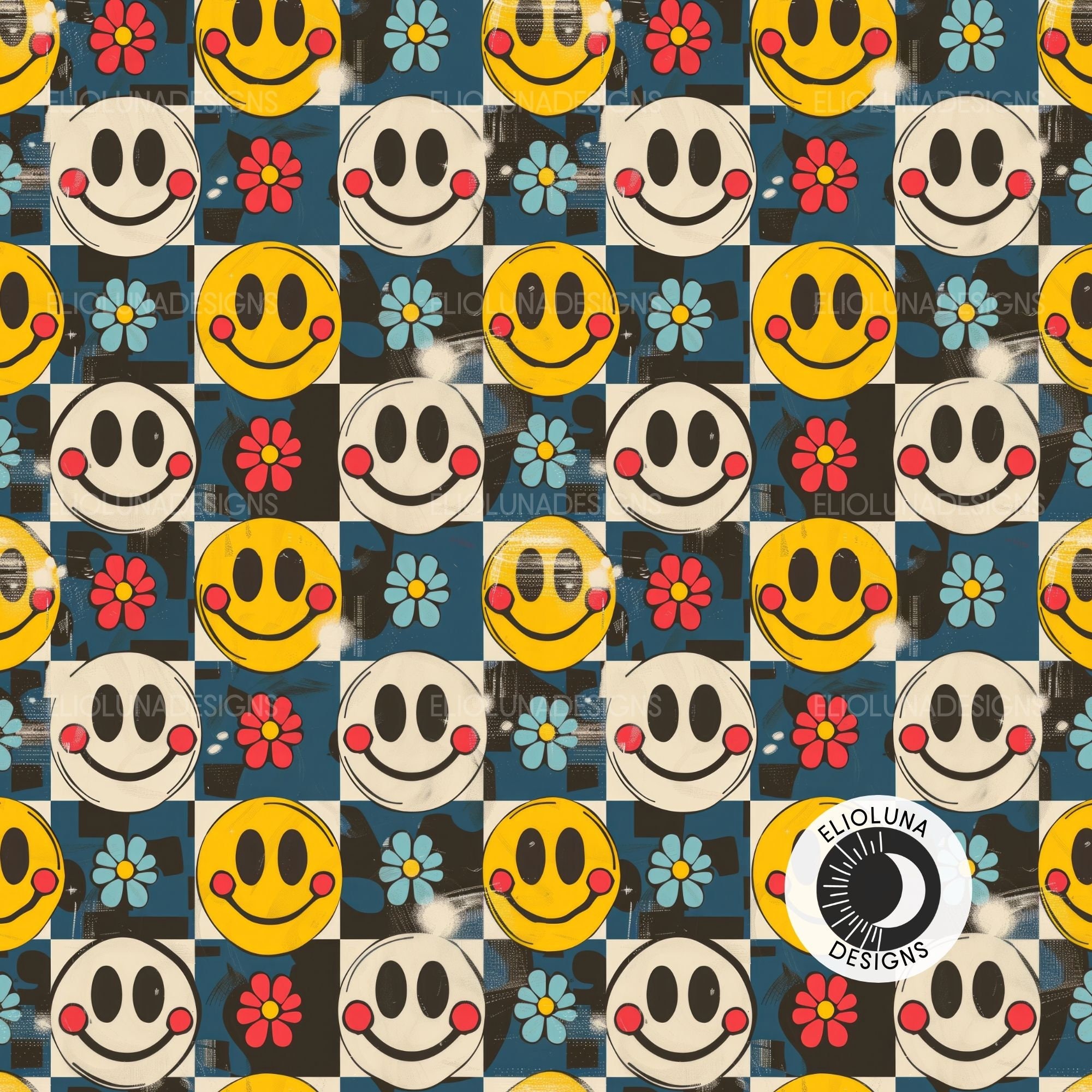 Retro Smiley Face Pattern Checker Digital Paper Smiley Face Seamless ...