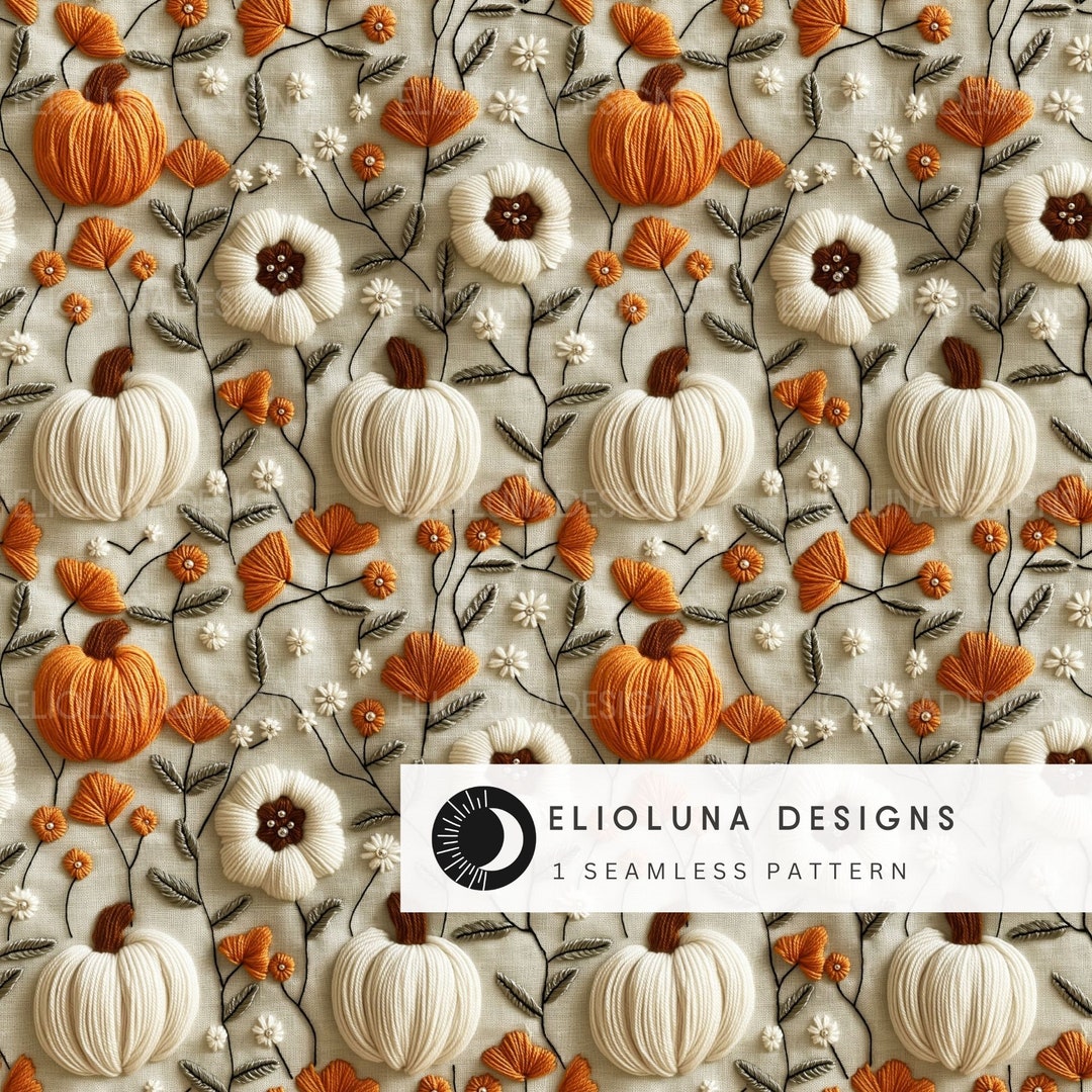Fall Pumpkins Seamless Pattern 3D Faux Embroidery Pumpkins Digital ...