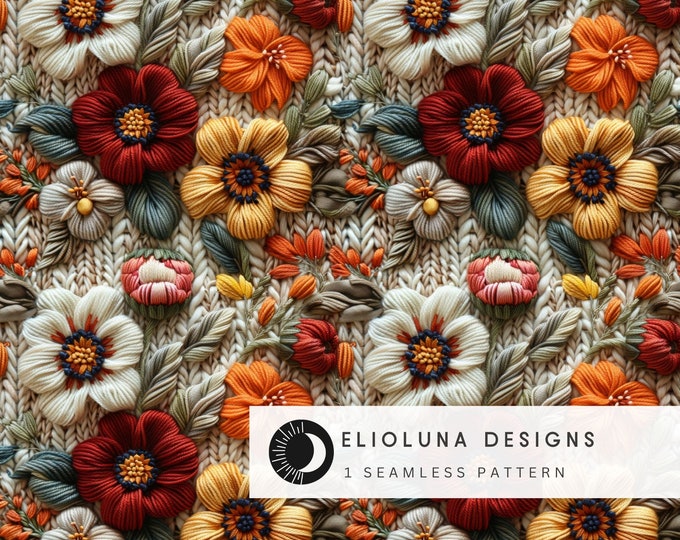 Boho Floral Pattern Digital Paper Faux Embroidery Boho Floral Pattern ...