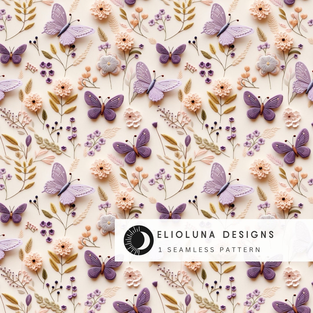 Spring Floral Butterfly Pattern Digital Paper Faux Embroidered Floral ...