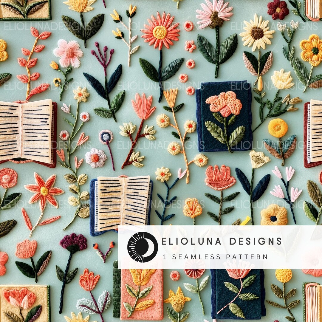 Floral Book Faux Embroidery Digital Seamless Pattern Book Floral ...