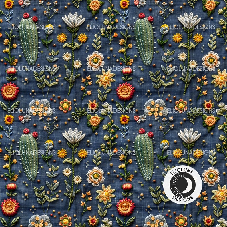 Cactus Floral Pattern Digital Paper Embroidered Western Pattern ...