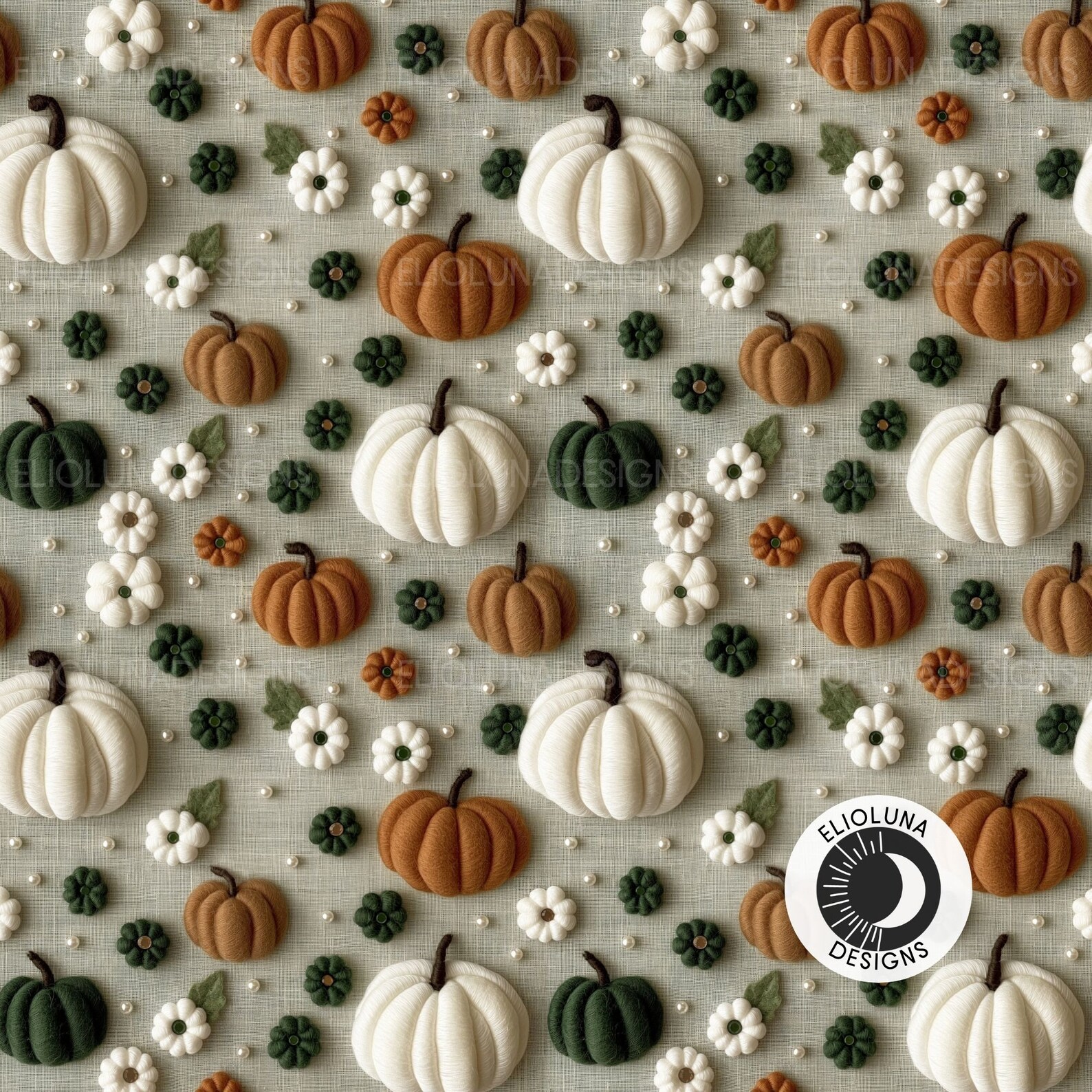 Fall Pumpkins Seamless Pattern 3D Faux Embroidery Pumpkins Digital ...