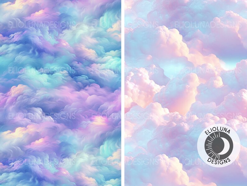 Digital Paper Clouds Seamless Pattern Sky Background 3D Rainbow Digital Art Lightning Bolt ...