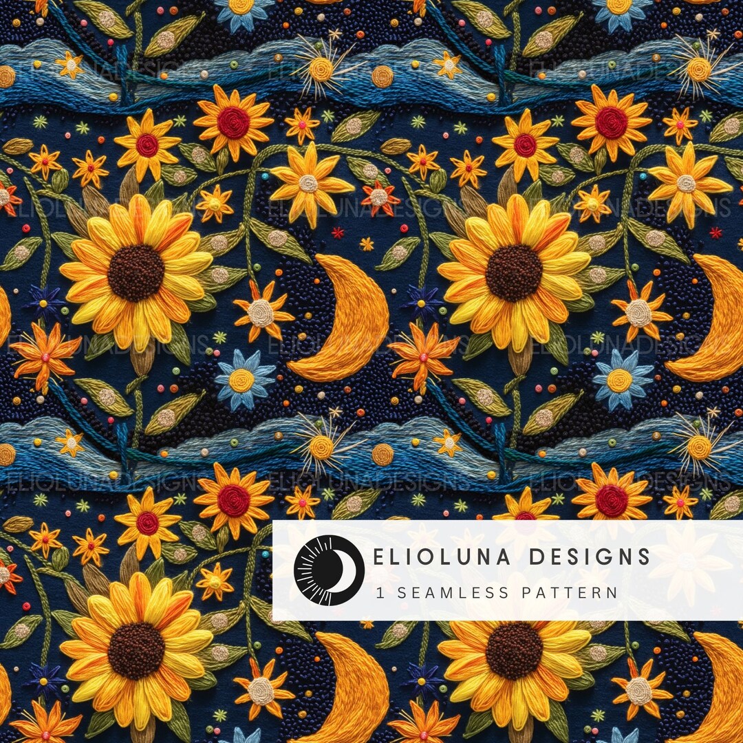 Celestial Sunflower Faux Embroidery Seamless Digital Paper Sunflower ...