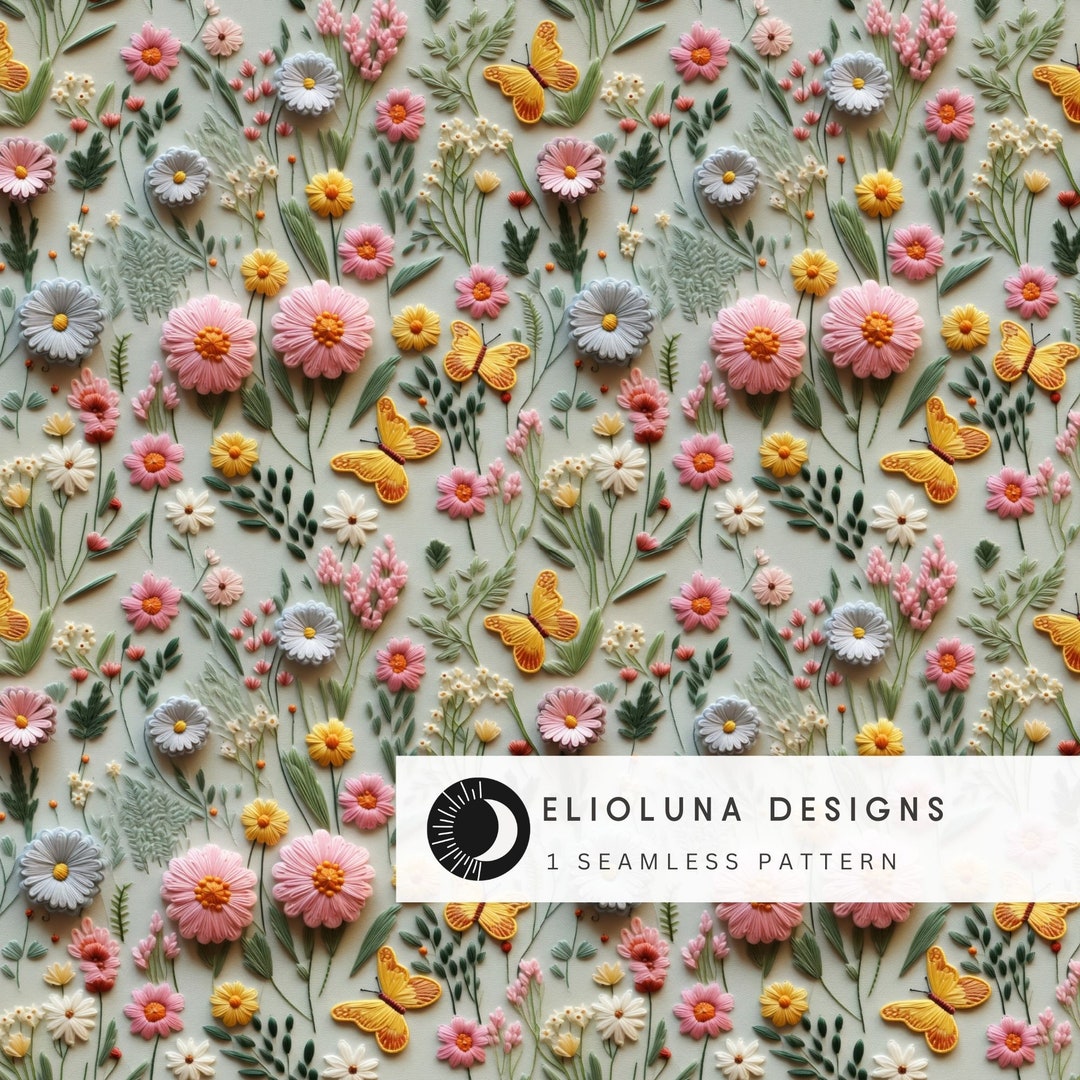 Spring Floral Butterfly Pattern Digital Paper Embroidered Floral ...