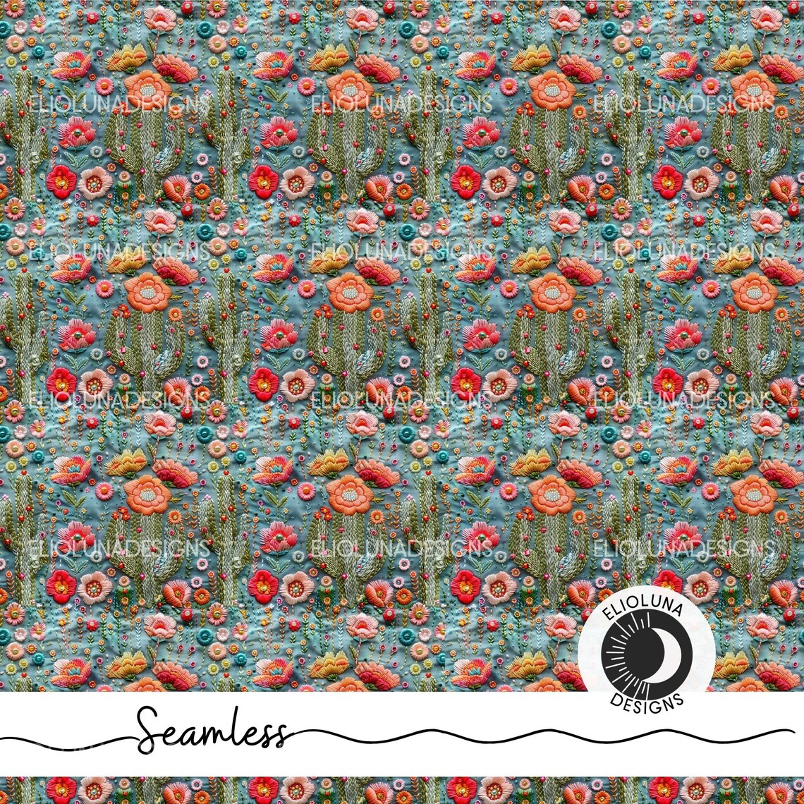 Cactus Floral Pattern Digital Paper Embroidered Western Pattern ...