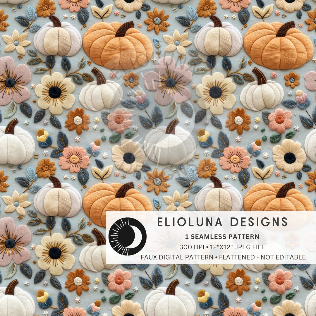 Fall Floral Pumpkins Seamless Pattern Faux Embroidery Boho Pumpkins ...