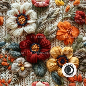 Boho Floral Pattern Digital Paper 3D Faux Embroidered Fall Floral ...