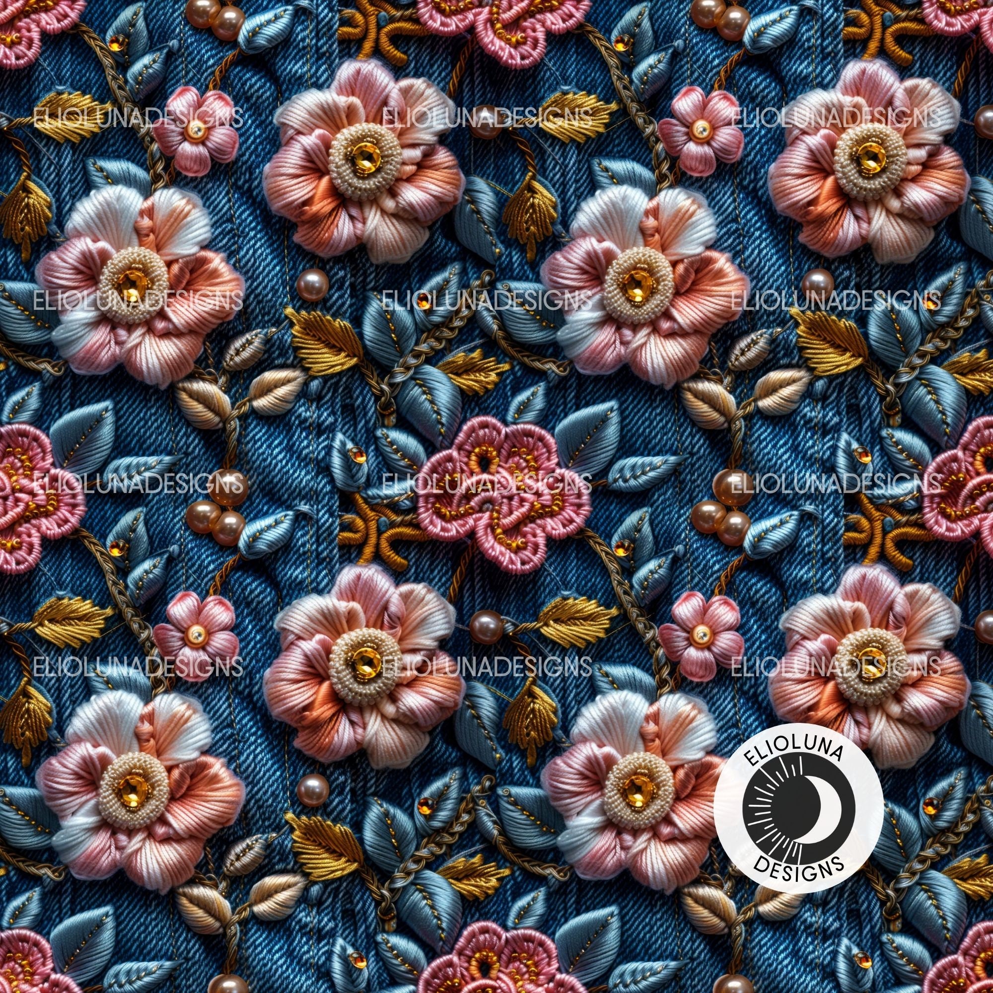 Floral Denim Pattern Digital Paper Embroidered Floral Pattern Seamless ...