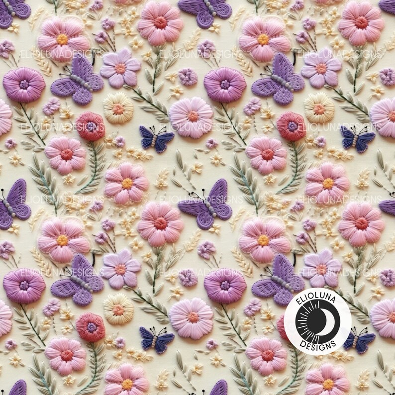 Spring Floral Butterfly Pattern Digital Paper Embroidered Floral ...