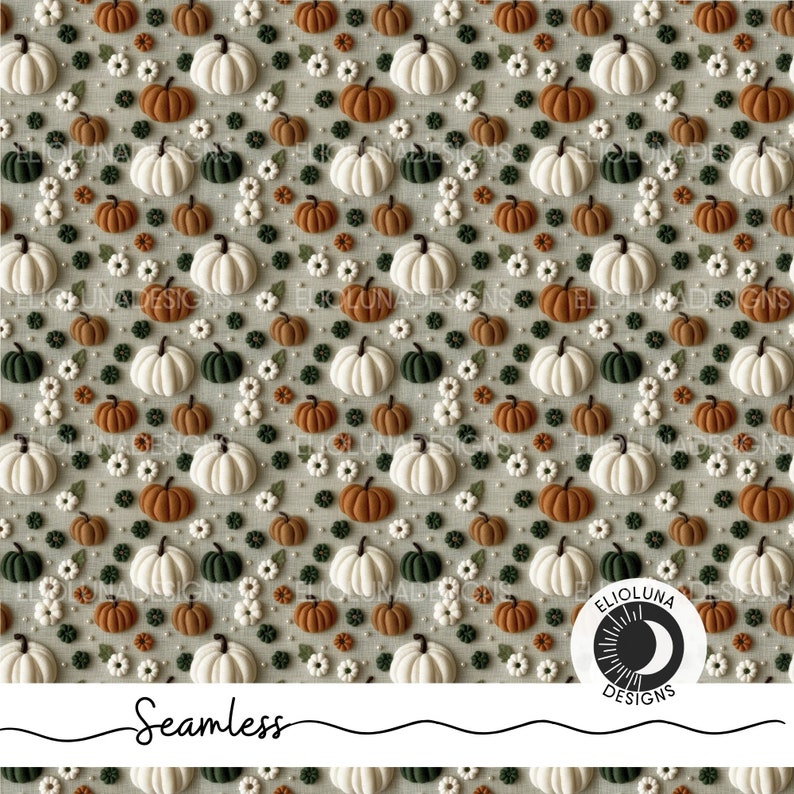 Fall Pumpkins Seamless Pattern 3D Faux Embroidery Pumpkins Digital ...