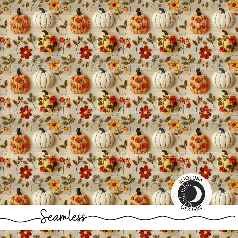 Fall Pumpkins Faux Embroidery Seamless Pattern 3D Pumpkins Digital ...