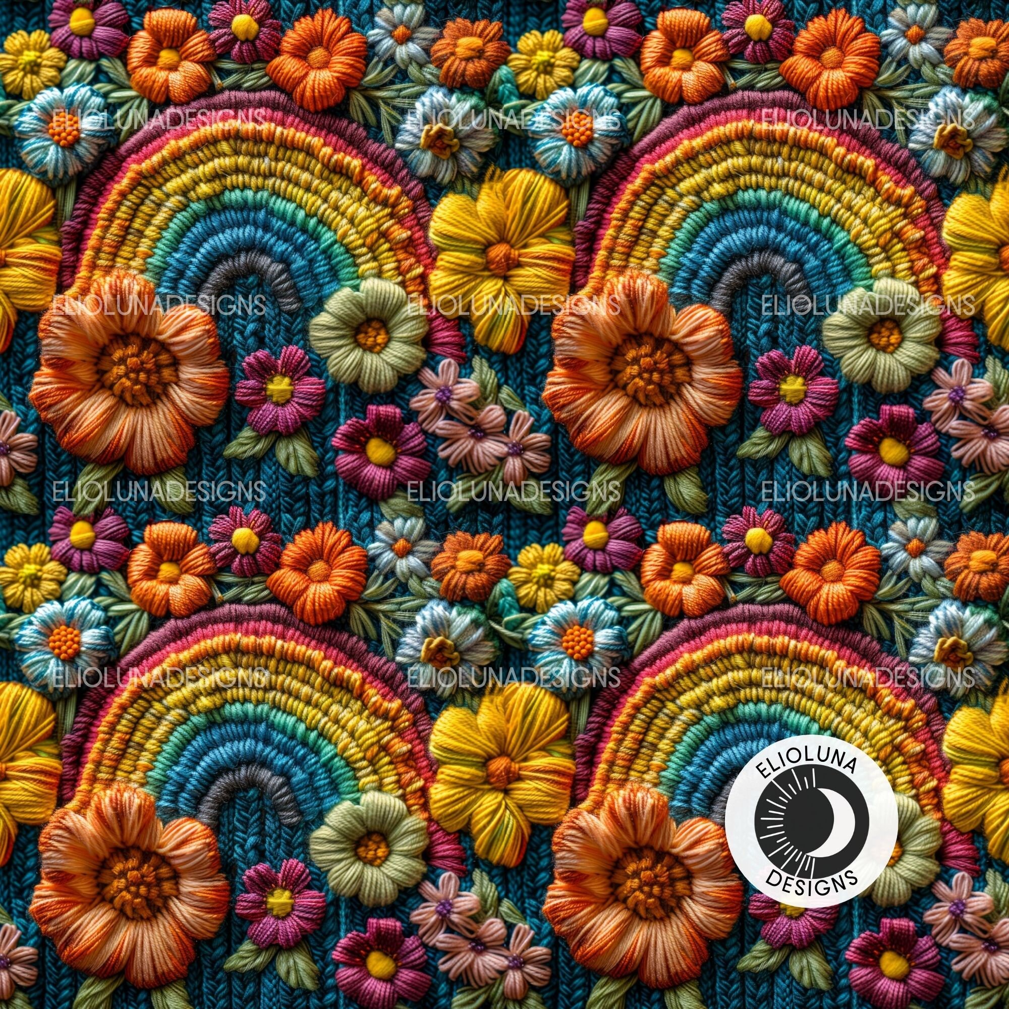 Rainbow Floral Pattern Digital Paper Embroidered Floral Rainbow Pattern ...