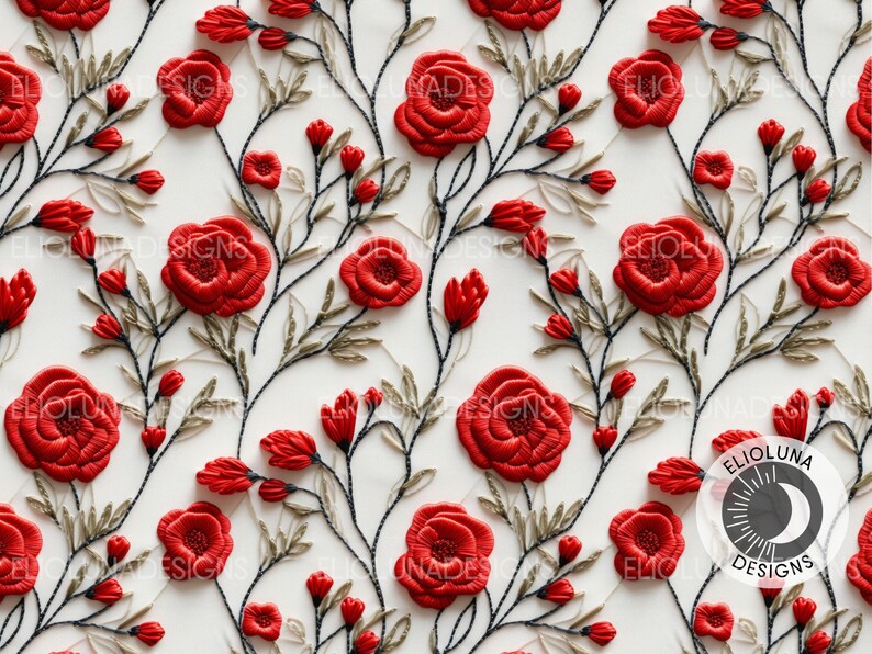 Digital Paper Red Rose Seamless Pattern Red Rose 3D Faux Embroidery ...
