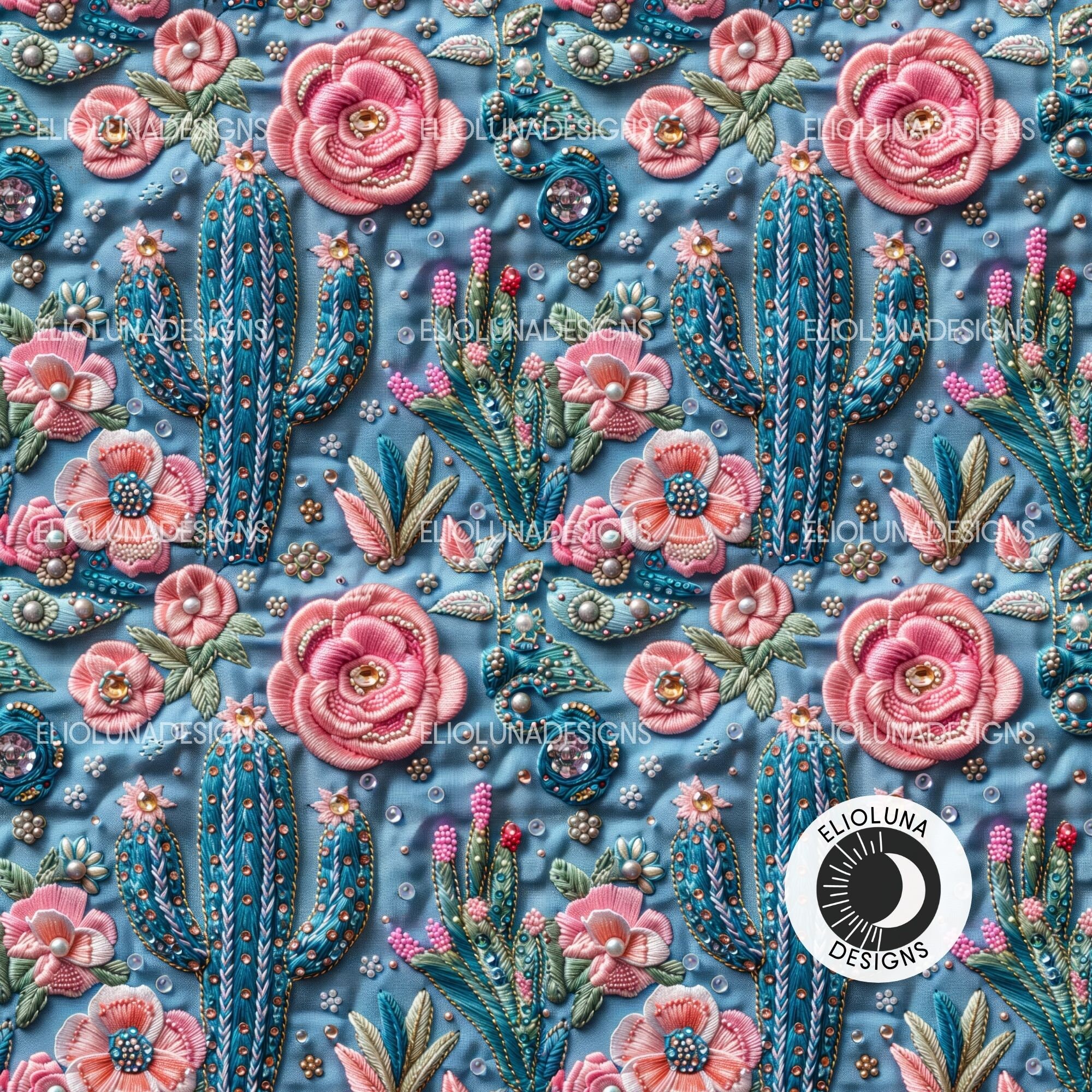 Cactus Floral Pattern Digital Paper Embroidered Western Pattern ...