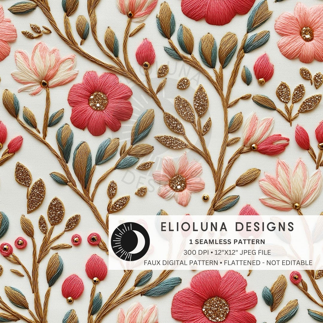 Boho Florals Faux Embroidery Seamless Pattern 3D Floral Digital Paper ...