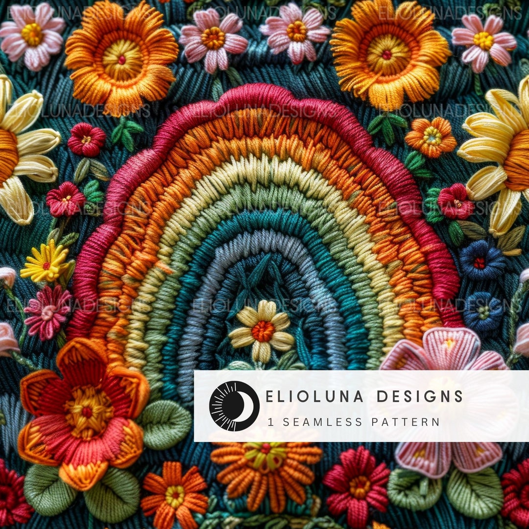 Rainbow Floral Pattern Digital Paper Embroidered Floral Rainbow Pattern ...