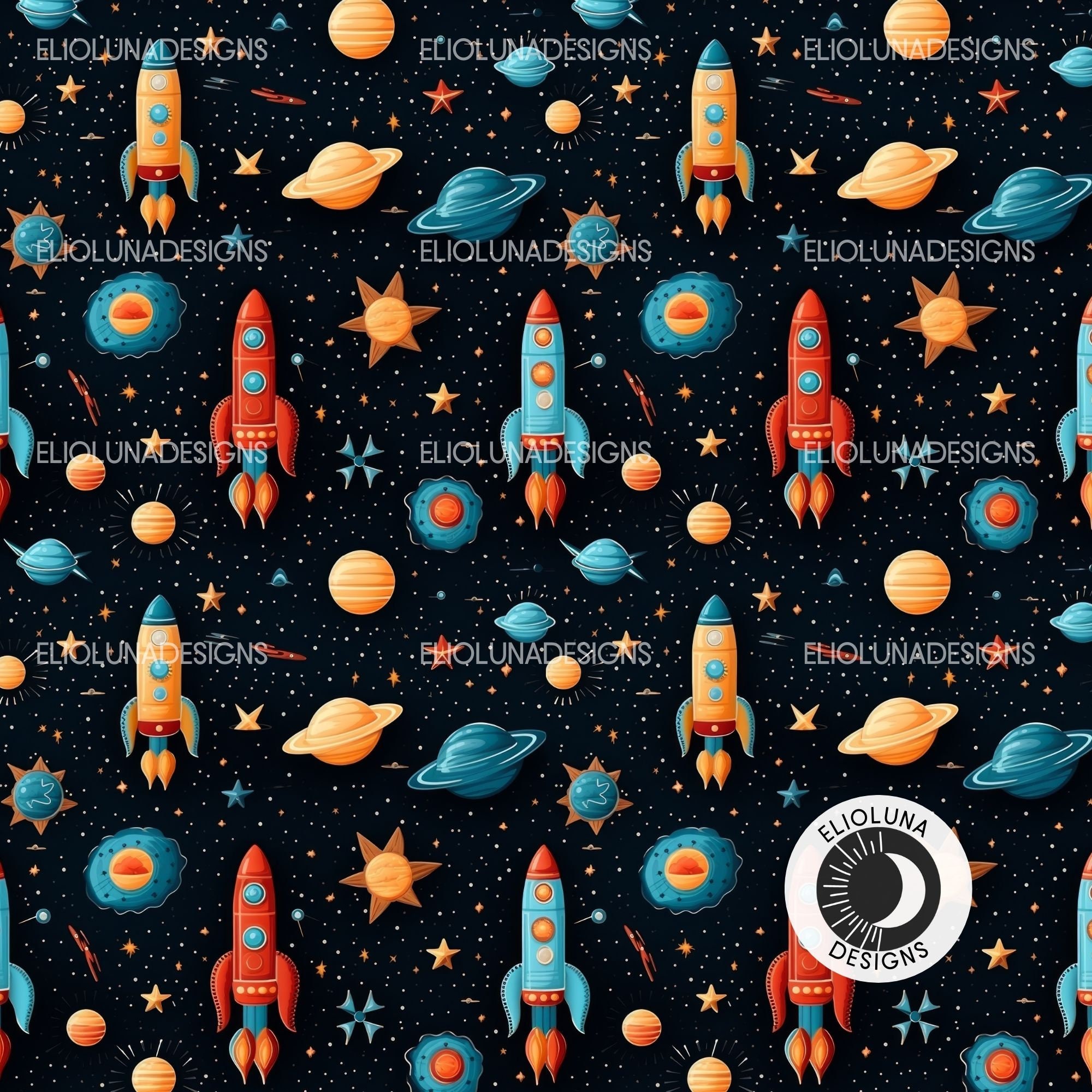 Rocket Ship Space Pattern Digital Paper Kids Space Pattern Seamless ...