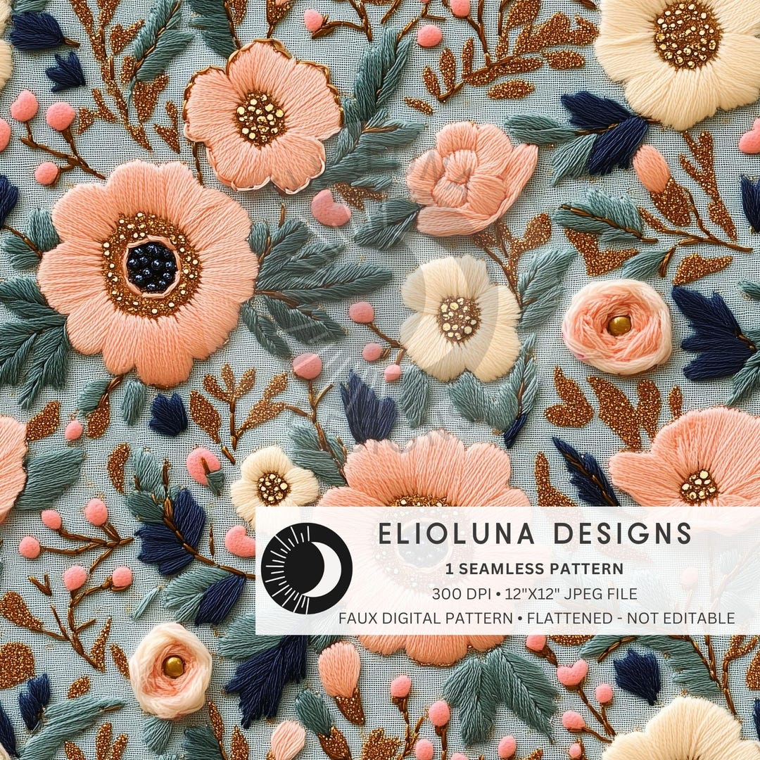Boho Florals Faux Embroidery Seamless Pattern 3D Floral Digital Paper ...