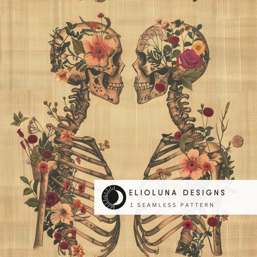 Eternal Love Skeletons Seamless Wildflowers Digital Paper Skulls ...