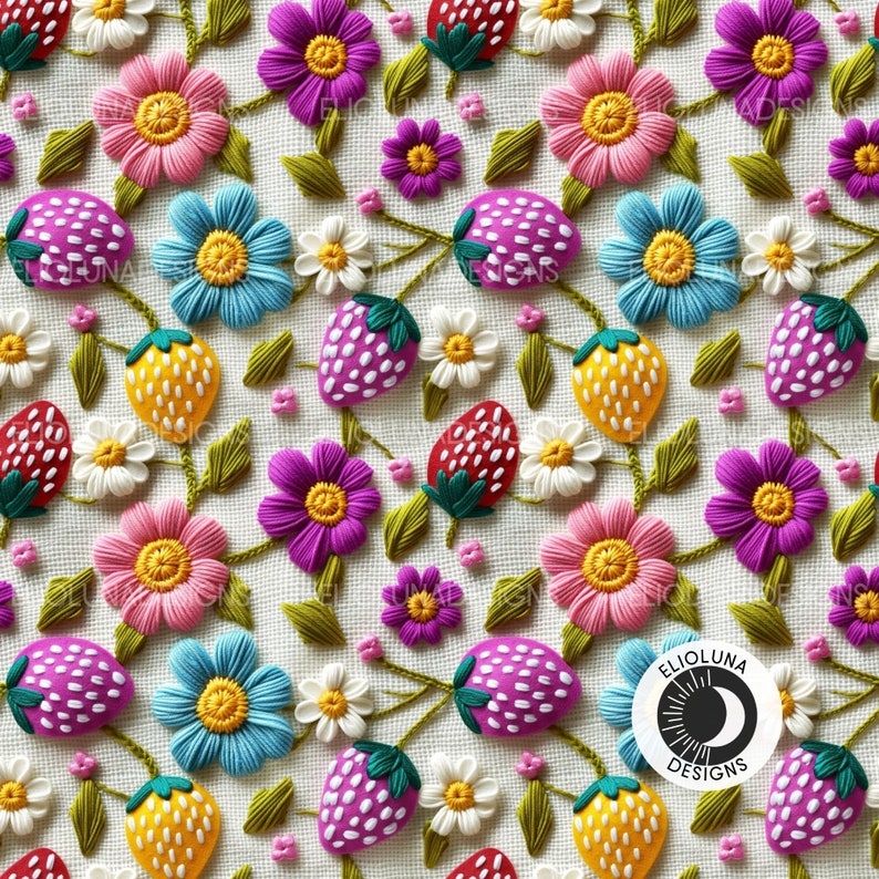 Floral Strawberry Pattern Faux Embroidery Digital Paper 3D Strawberry ...