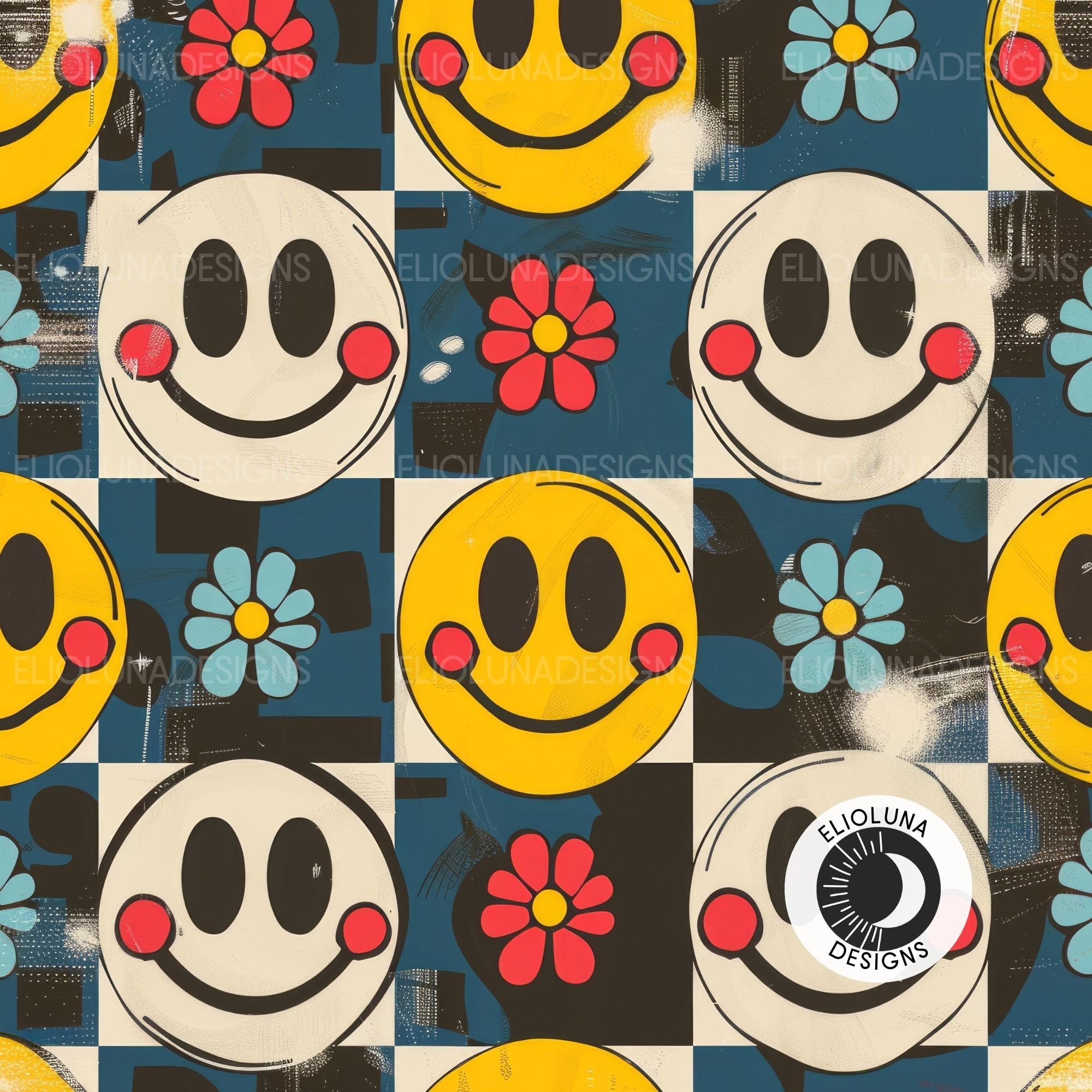 Retro Smiley Face Pattern Checker Digital Paper Smiley Face Seamless ...