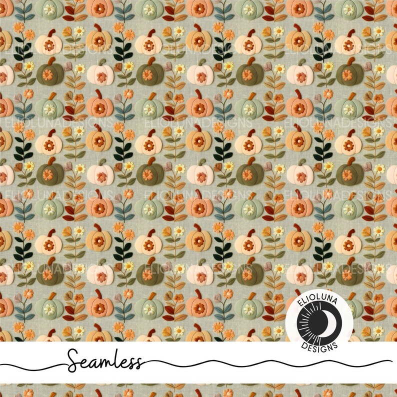 Fall Pumpkins Faux Embroidery Seamless Pattern 3D Pumpkins Digital ...