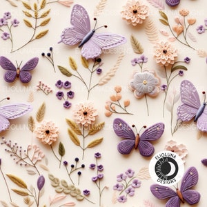 Spring Floral Butterfly Pattern Digital Paper Faux Embroidered Floral ...