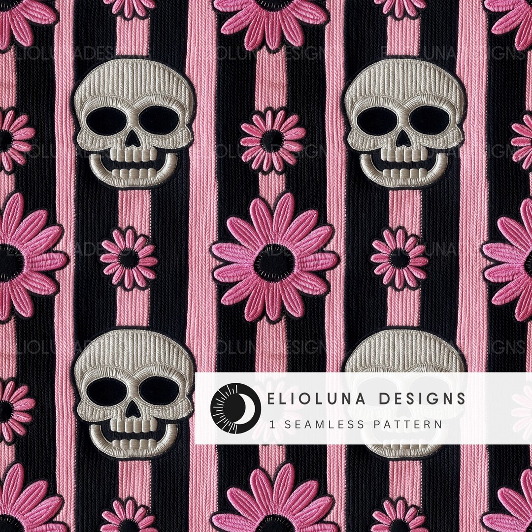 Skull Daisy Pattern Faux Embroidery Floral Halloween Seamless Digital ...