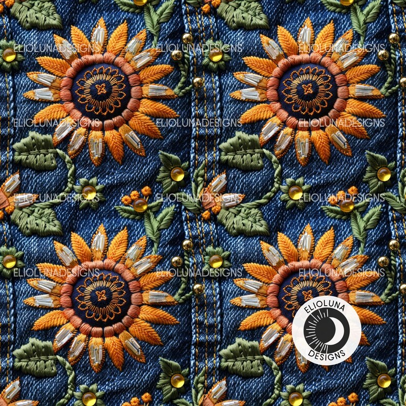 Denim Sunflower Pattern Digital Paper 3D Sunflower Faux Embroidered ...