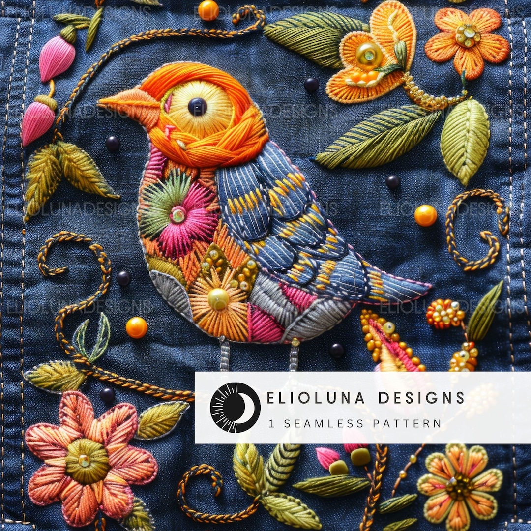Floral Denim Bird Pattern Digital Paper Embroidered Bird Pattern ...