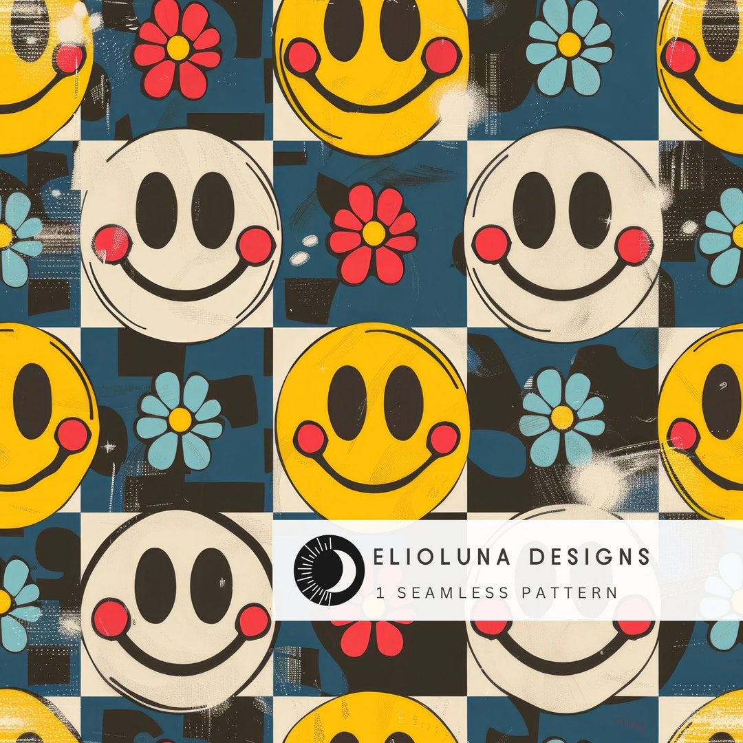 Retro Smiley Face Pattern Checker Digital Paper Smiley Face Seamless ...