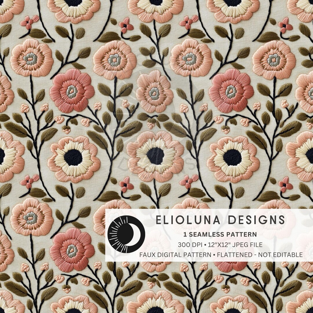 Boho Fall Florals Faux Embroidery Seamless Pattern 3D Floral Digital ...