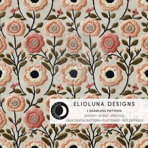Boho Fall Florals Faux Embroidery Seamless Pattern 3D Floral Digital ...