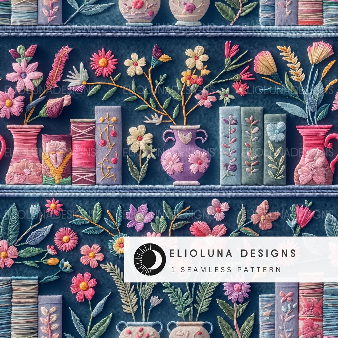 Floral Bookshelf Faux Embroidery Digital Seamless Pattern 3D Book ...