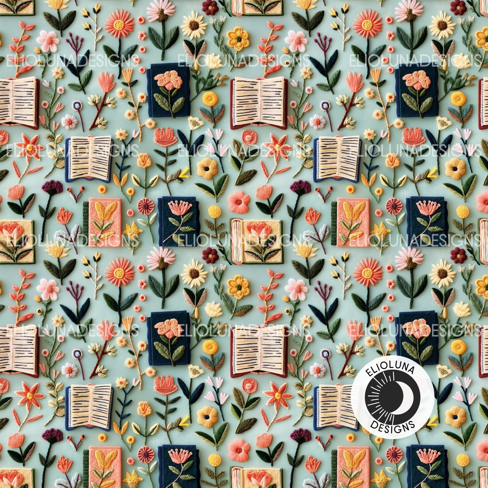 Floral Book Faux Embroidery Digital Seamless Pattern Book Floral ...
