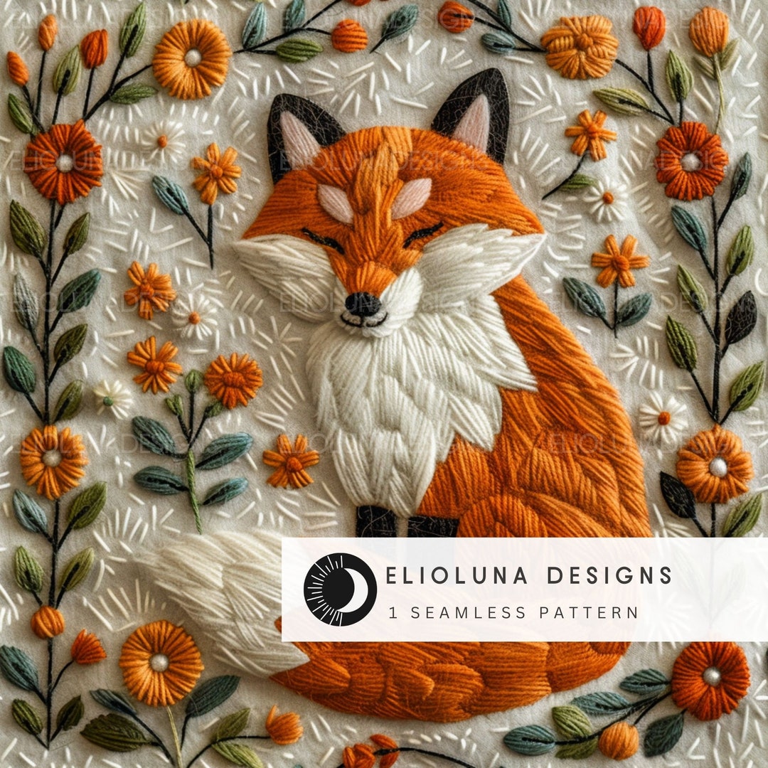 Fox Floral Pattern Digital Paper Embroidered Cute Fox Pattern Seamless ...