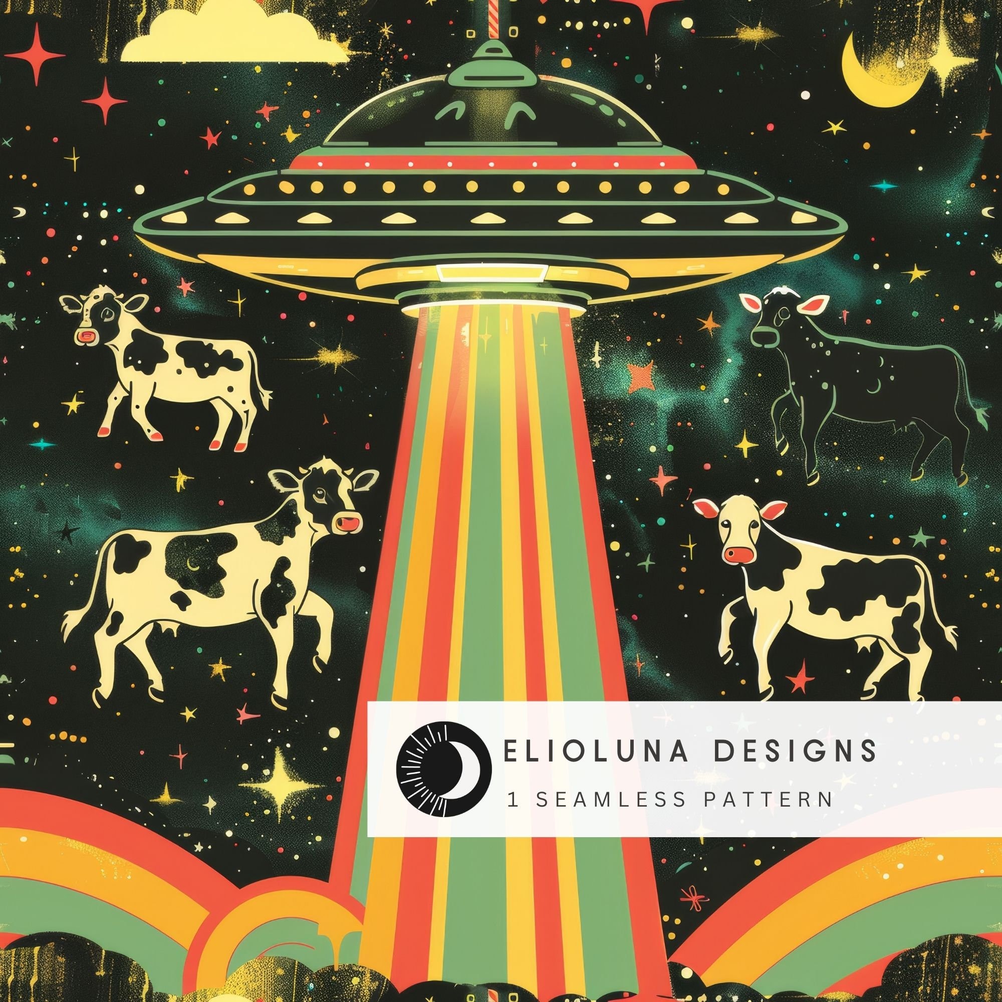 Cow Abduction Pattern Cosmic Cow Seamless Rainbow Pattern Alien ...