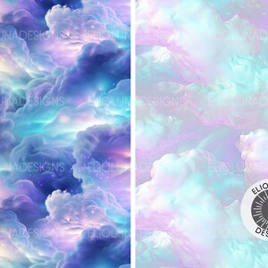 Digital Paper Clouds Seamless Pattern Sky Background 3D Rainbow Digital Art Lightning Bolt ...
