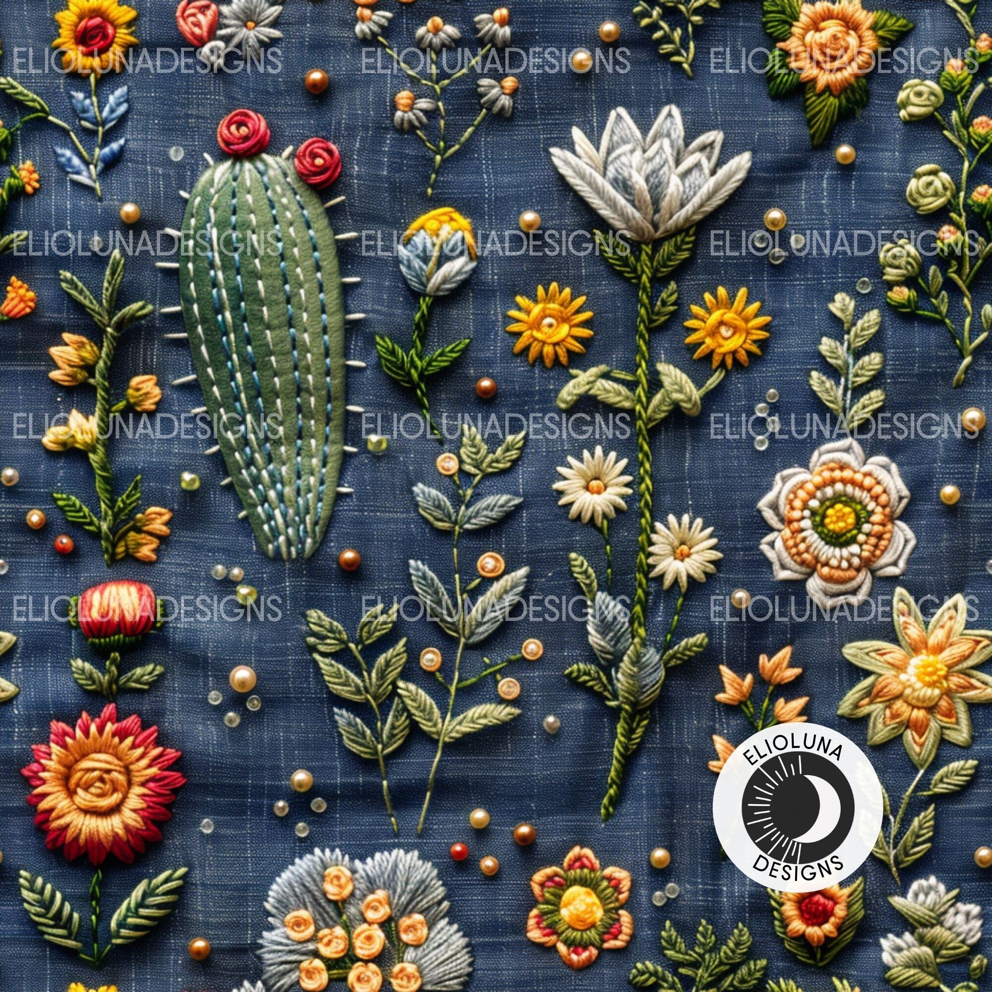 Cactus Floral Pattern Digital Paper Embroidered Western Pattern ...